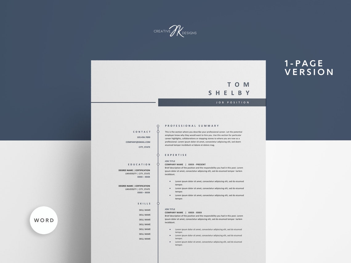 Navy Blue Resume Template Resume Template Word Modern | Etsy