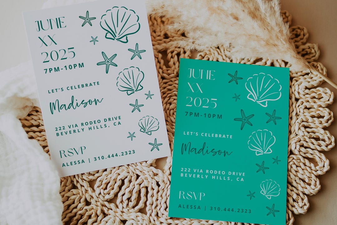 Teal Sea Birthday Party Invitation: Starfish, Seashells (canva Editable ...