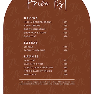 Terracotta Editable Price List | Arch Template | Lashes Brows Hair ...