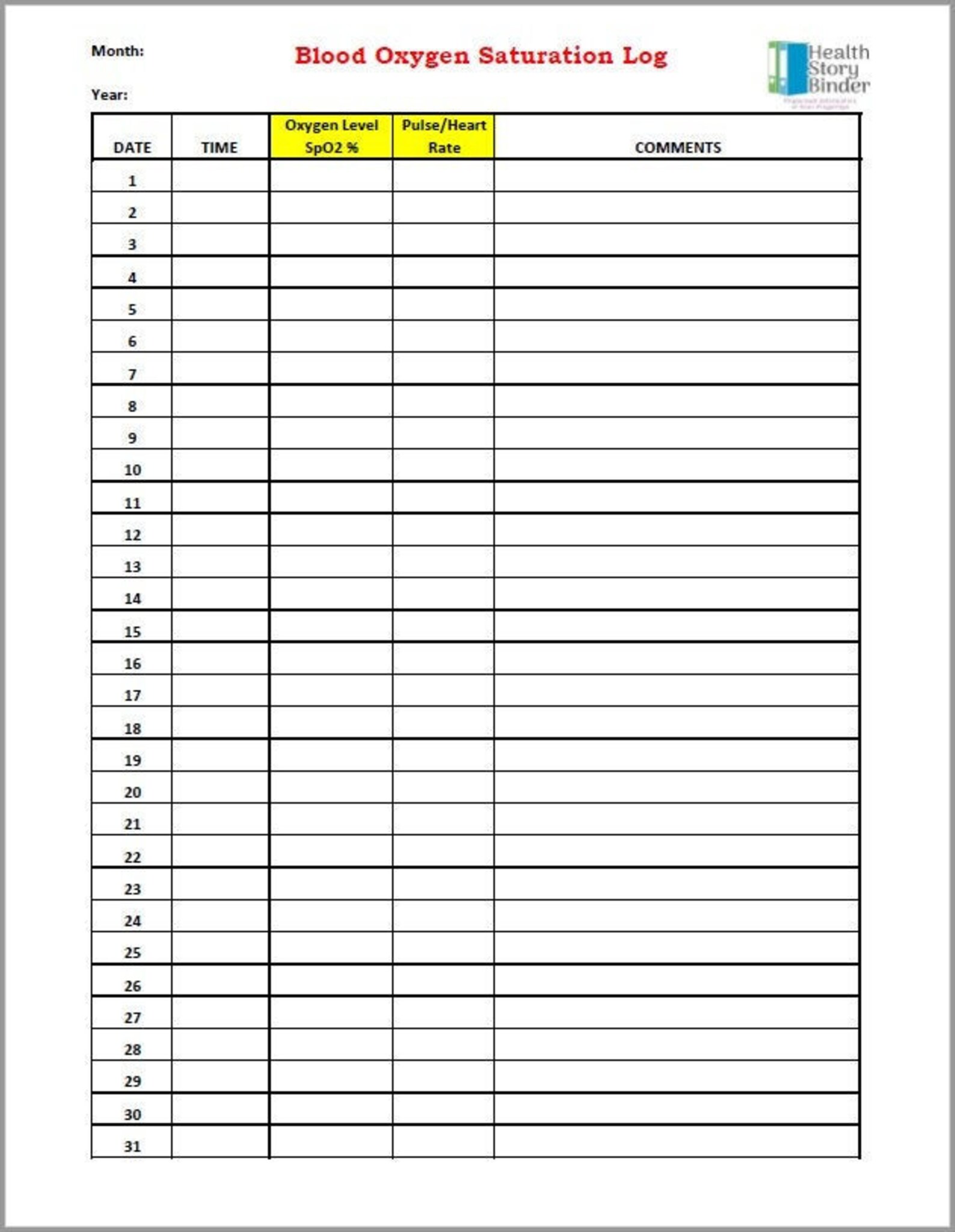 Blood Oxygen Saturation Log Etsy