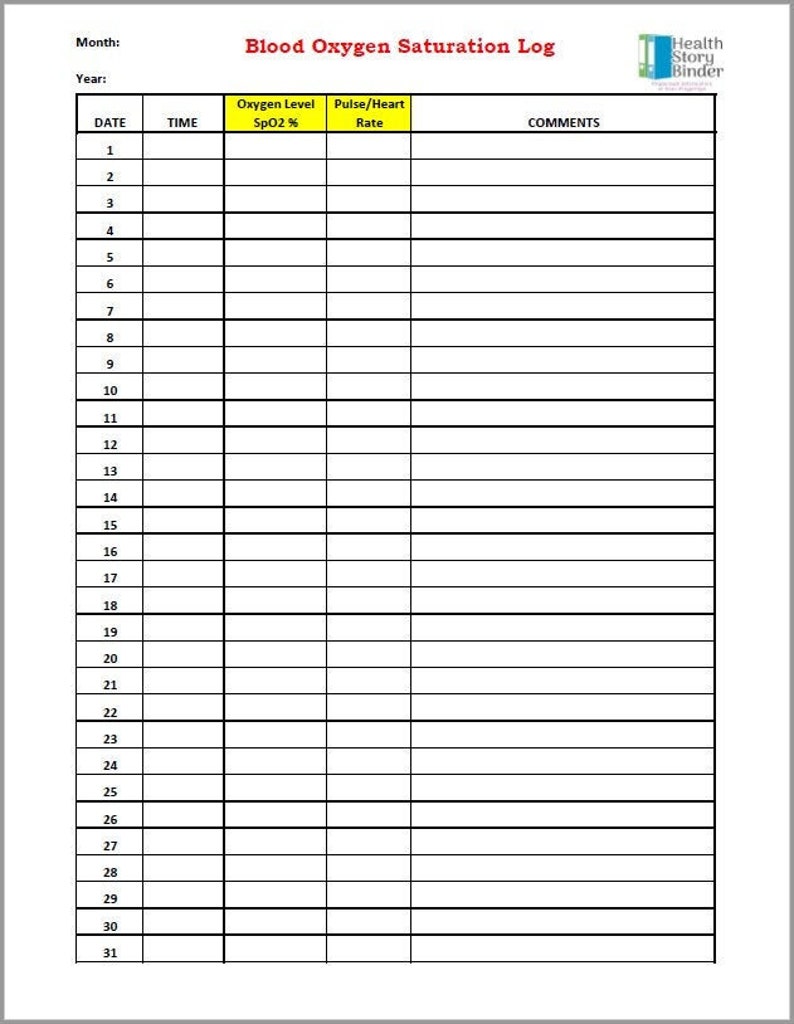 Blood Oxygen Saturation Log Etsy