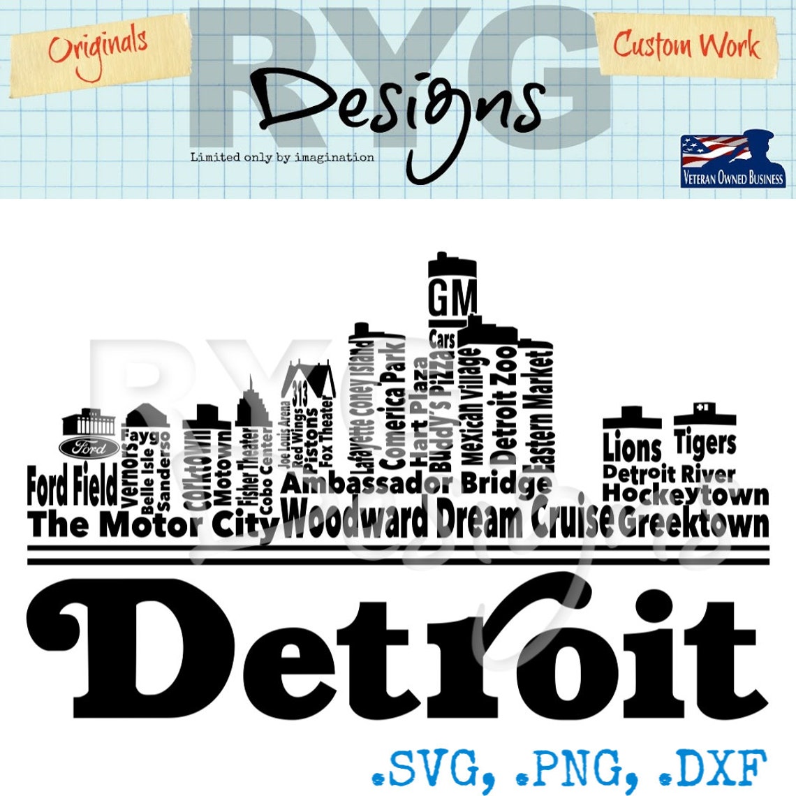 Detroit Icons Skyline Graphic | Etsy