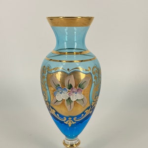 Vintage Bohemian Blue Glass Vase Hand Painted Enamel Flowers Gold Gilt ...