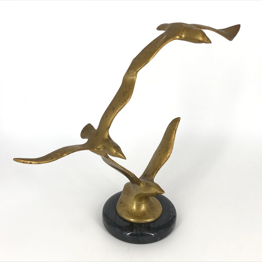 Vintage Brass Seagulls Birds in Flight Sculpture Statue on Marble Base ...