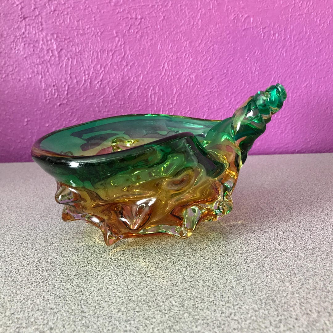 Hand Blown Art Glass Conch Sea Shell Candy Trinket Dish Green Gold ...