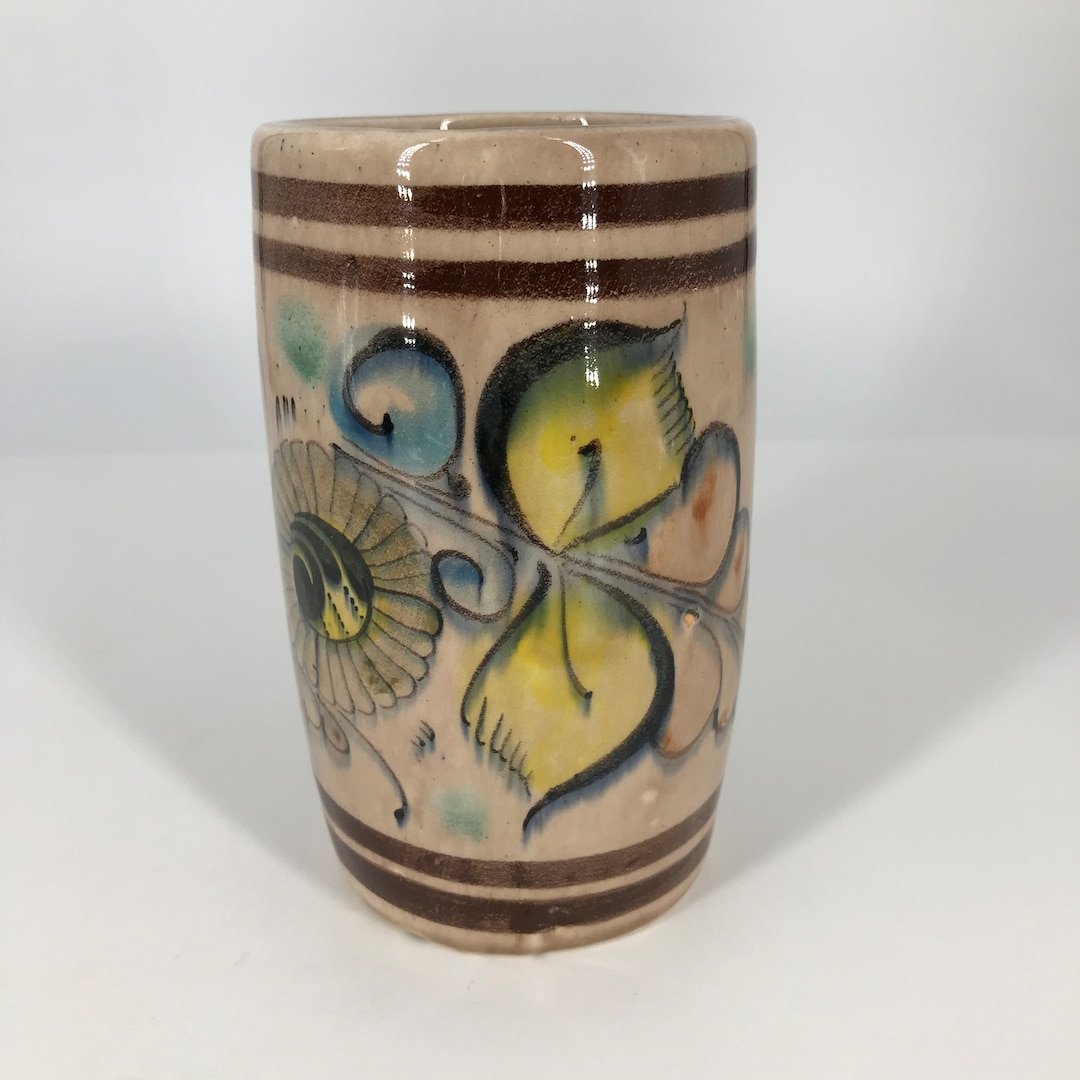 Tonala Mexican Pottery Cup Vase Hand Painted Flower Signed Blue Brown ...