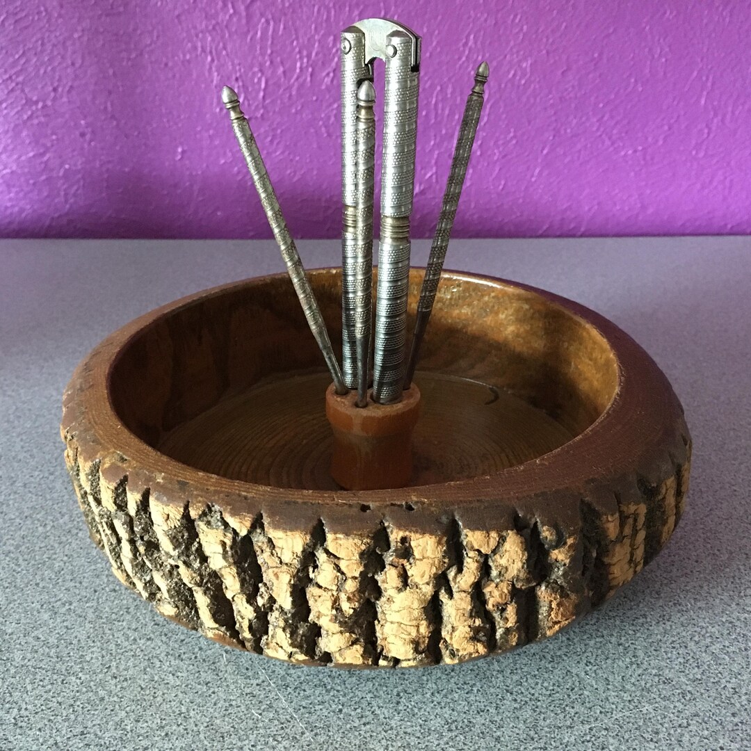Vintage MCM Tree Bark Wood Nut Bowl Dish With HMQ Cracker and 4 Picks ...