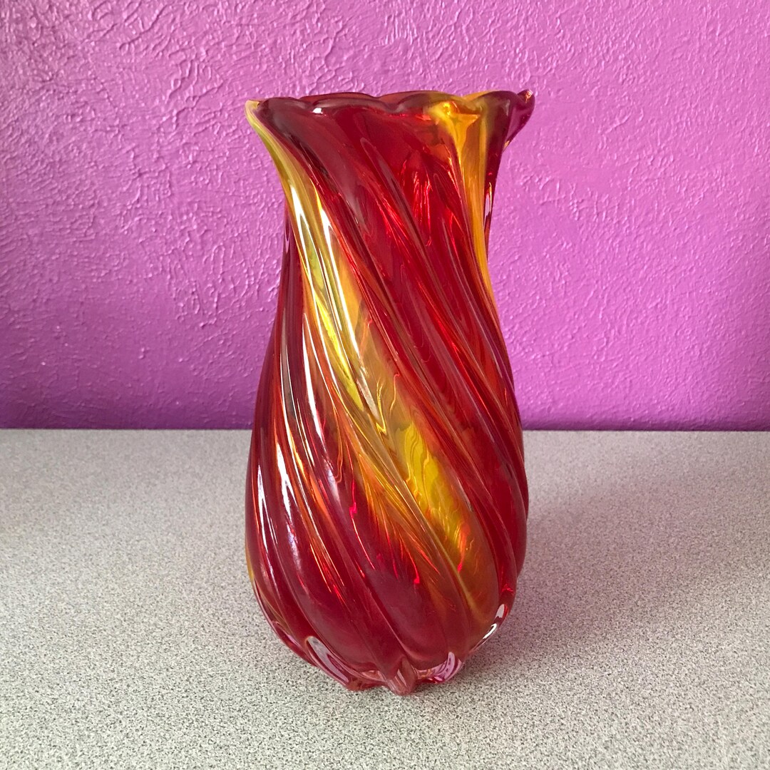 Vintage Teleflora Hand Blown Art Glass Red and Yellow Swirl Large Heavy ...