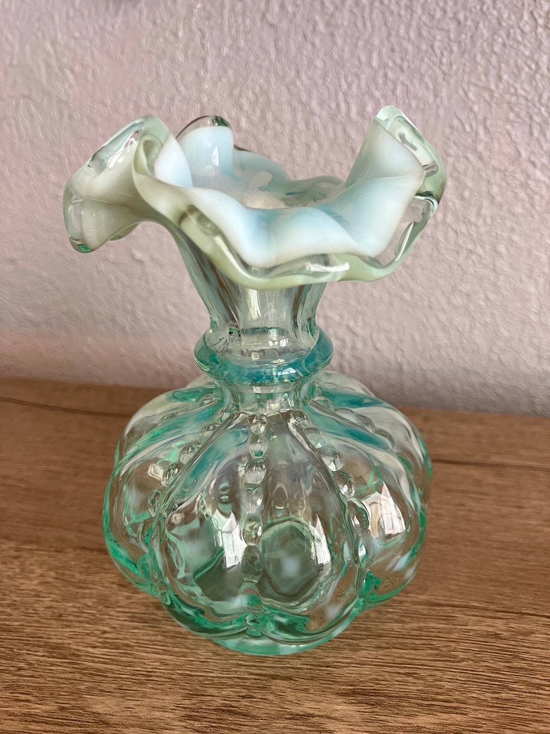 Vintage Fenton Beaded Melon Vase Aqua Blue Opalescent Diamond Optic ...