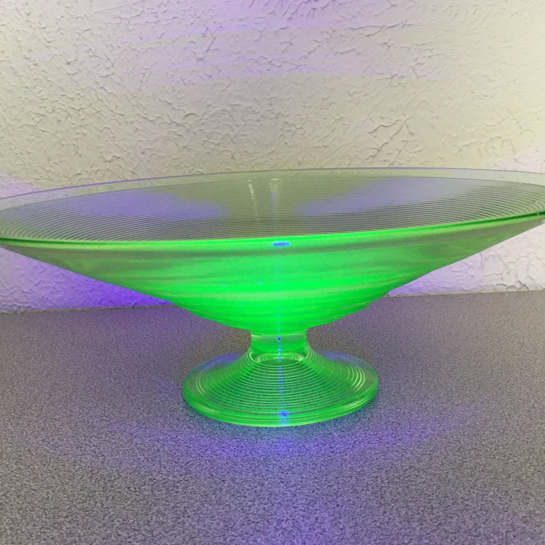 Indiana Glass Old English Threading Green Uranium Glass Footed Fruit ...