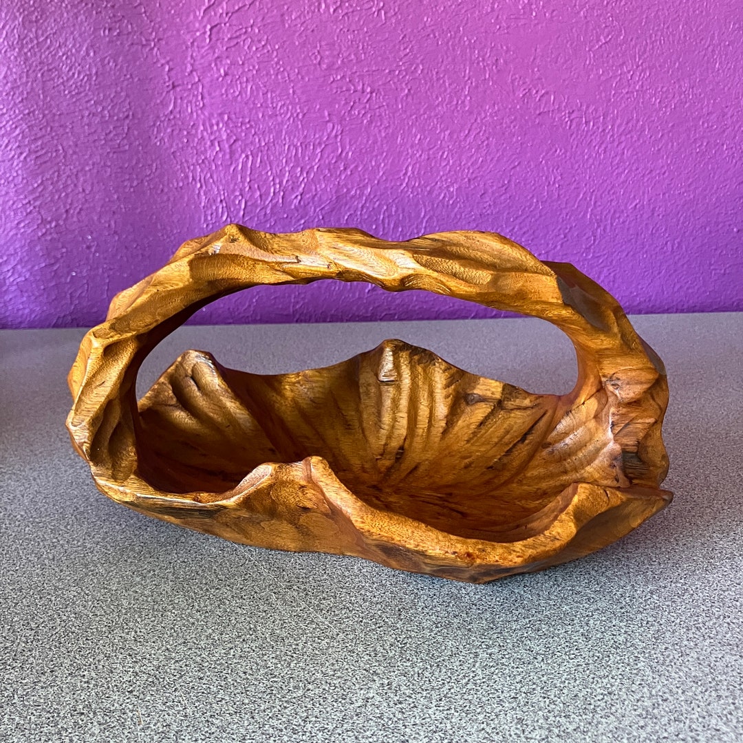 Hand Carved Burl Wood Tree Root Bowl Basket With Handle Decorative ...