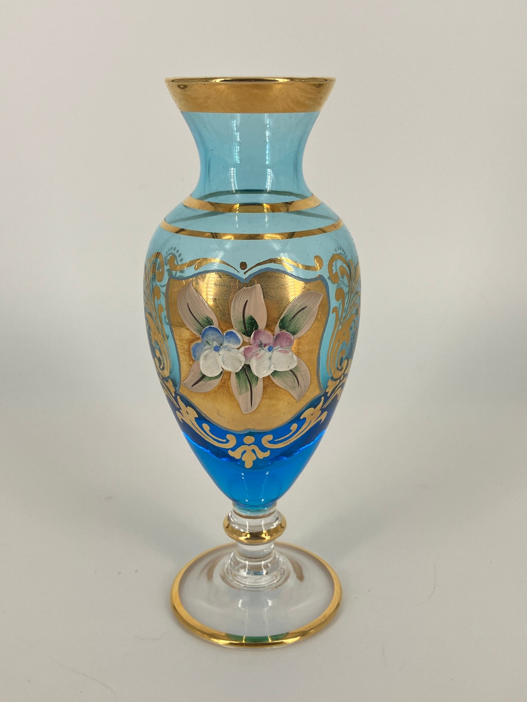 Vintage Bohemian Blue Glass Vase Hand Painted Enamel Flowers Gold Gilt ...
