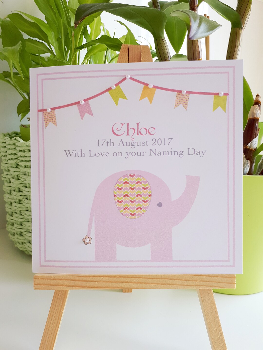 Personalised Naming Day Card for a Girl, Pink Girl Elephant Naming Day ...