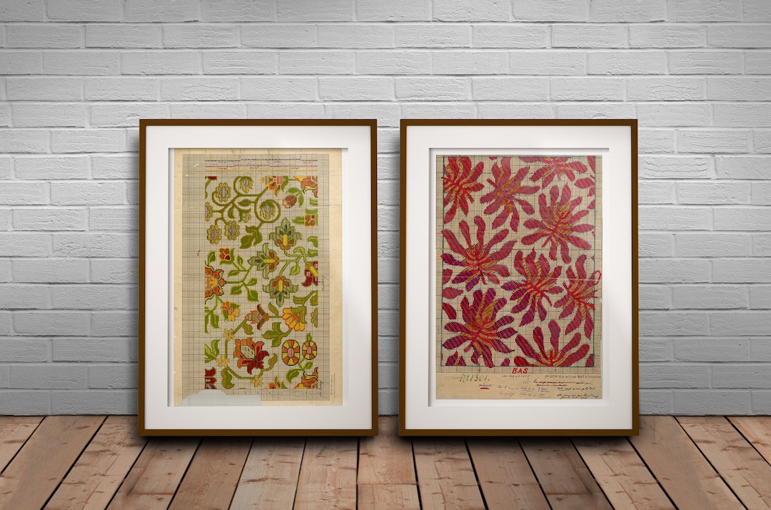 Vintage Textile Art Prints Set: Historical Floral Tapestry Wall Decor ...
