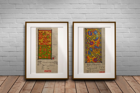 Colourful Geometric Fabric Wall Art Set of 2 Vintage Textile - Etsy