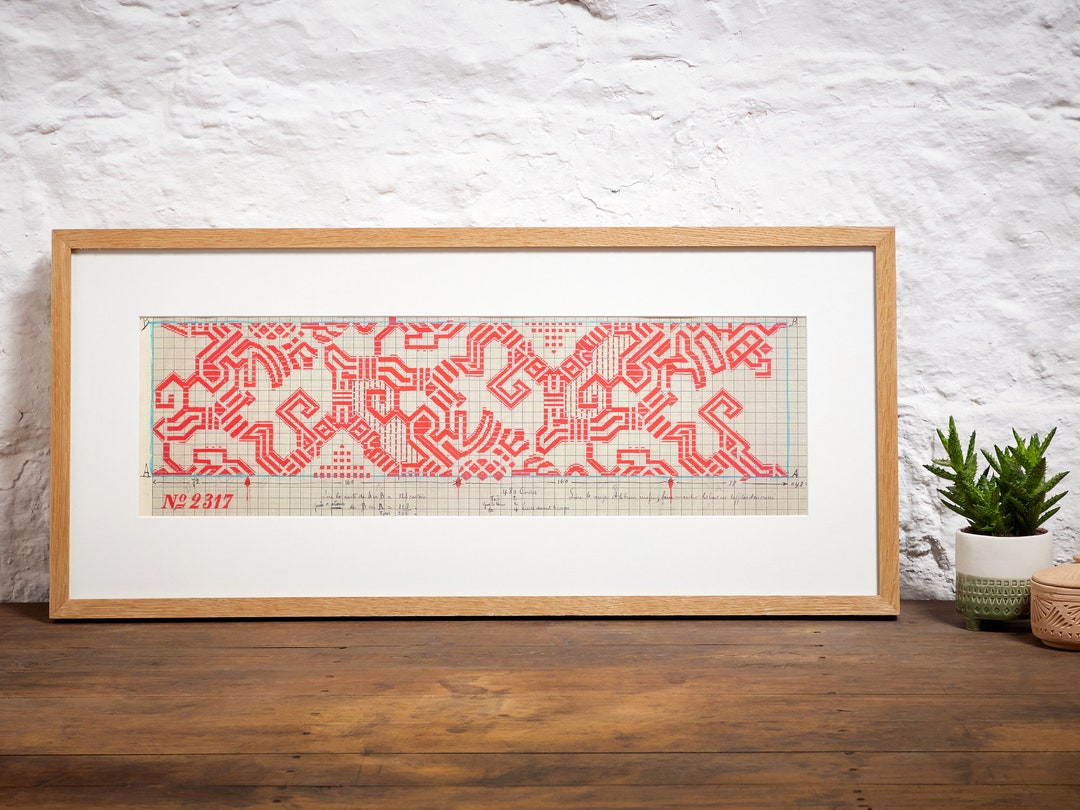 French 1910 Crewel Work Fabric Painting, Aztec Inspired Geometric Red ...