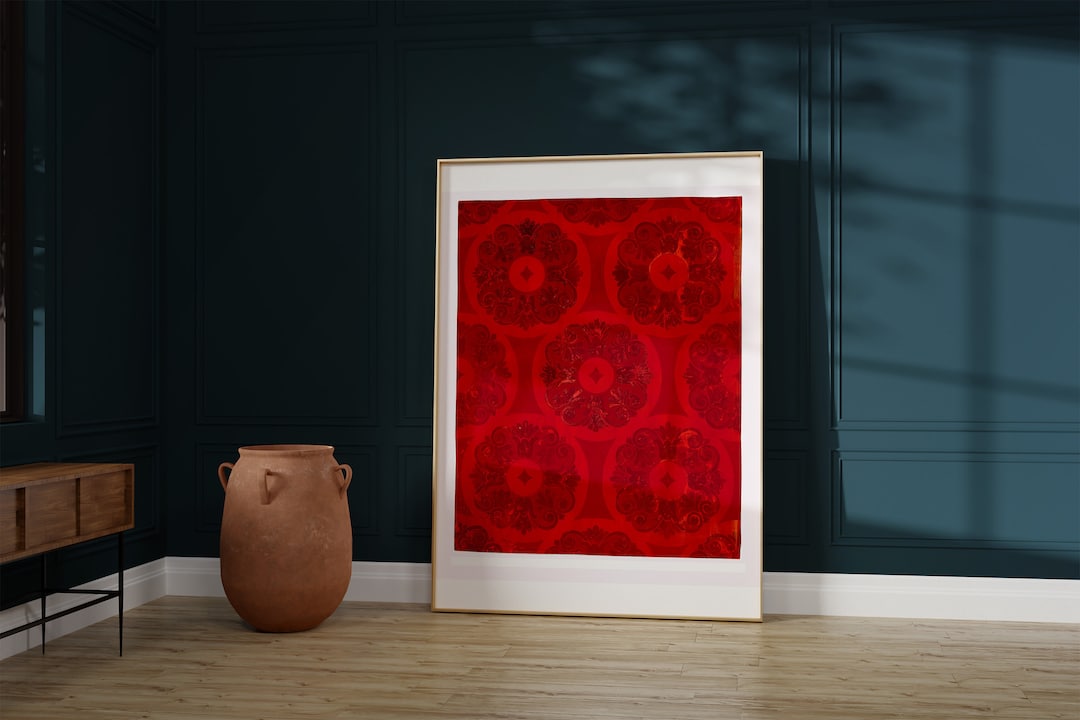 Bright Red Colourful Textile Pattern Art, Large Coloured Vintage Art ...