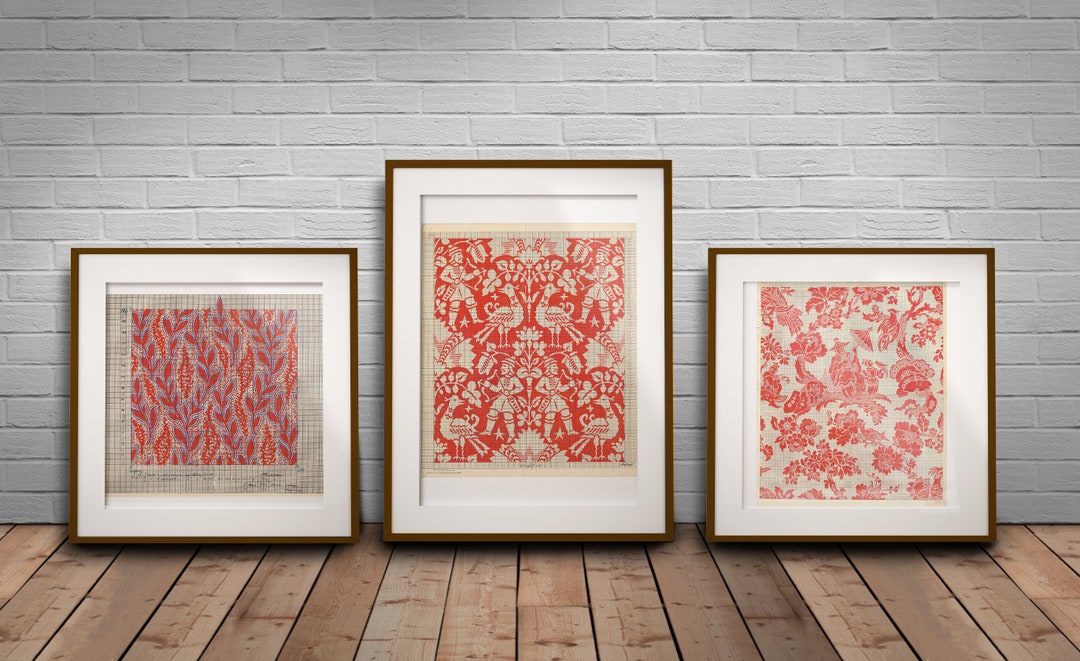 Intricate Red Triptych of Art Prints, Unique Set of 3 Fabric History ...