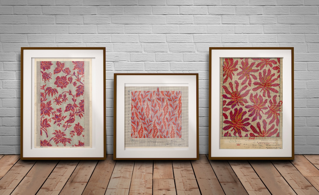 Vintage Textile Art Print Set: Red Floral Tapestry Posters - Etsy