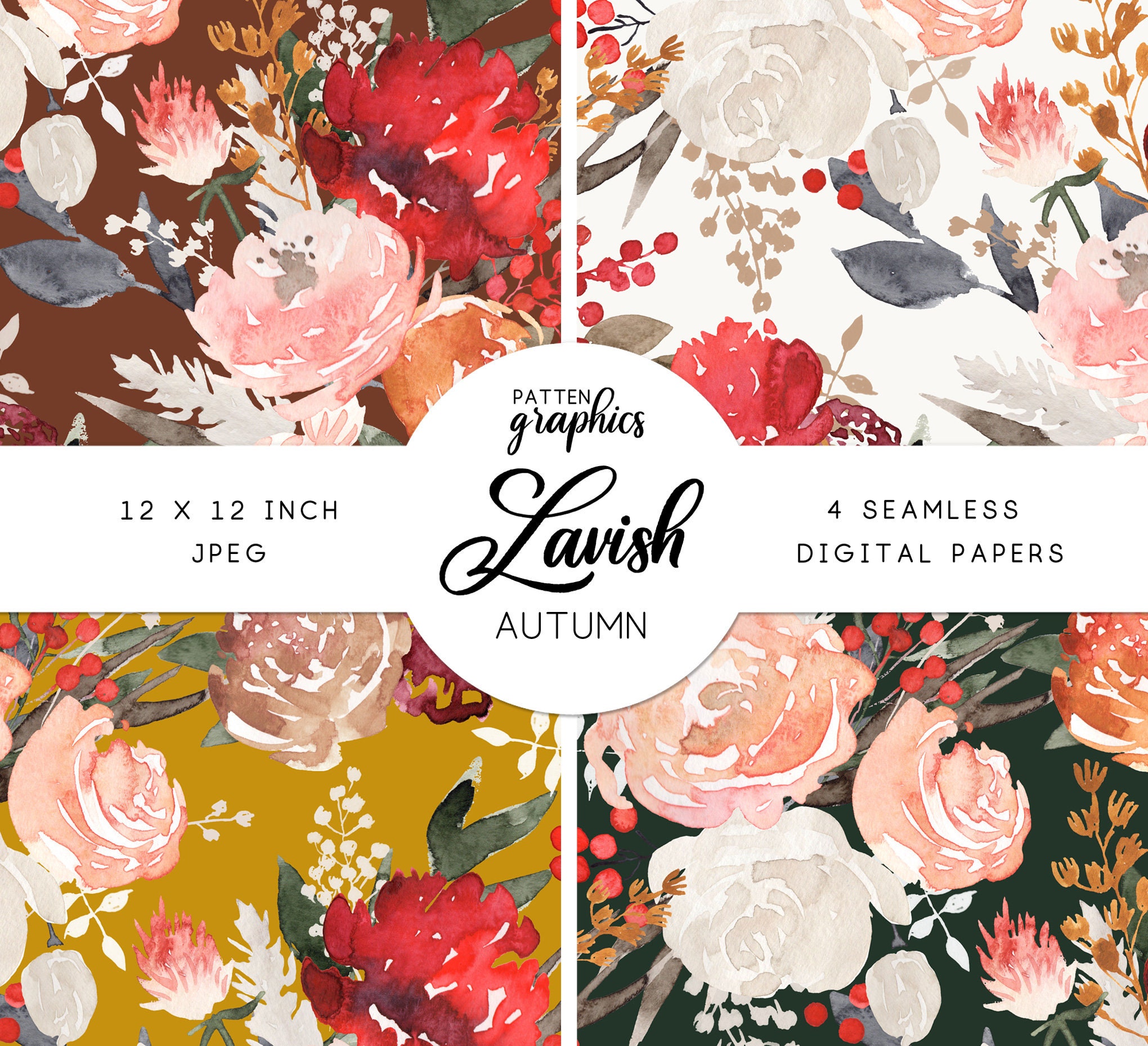 Autumn Floral Digital Paper, Watercolor Fall Seamless Pattern ...