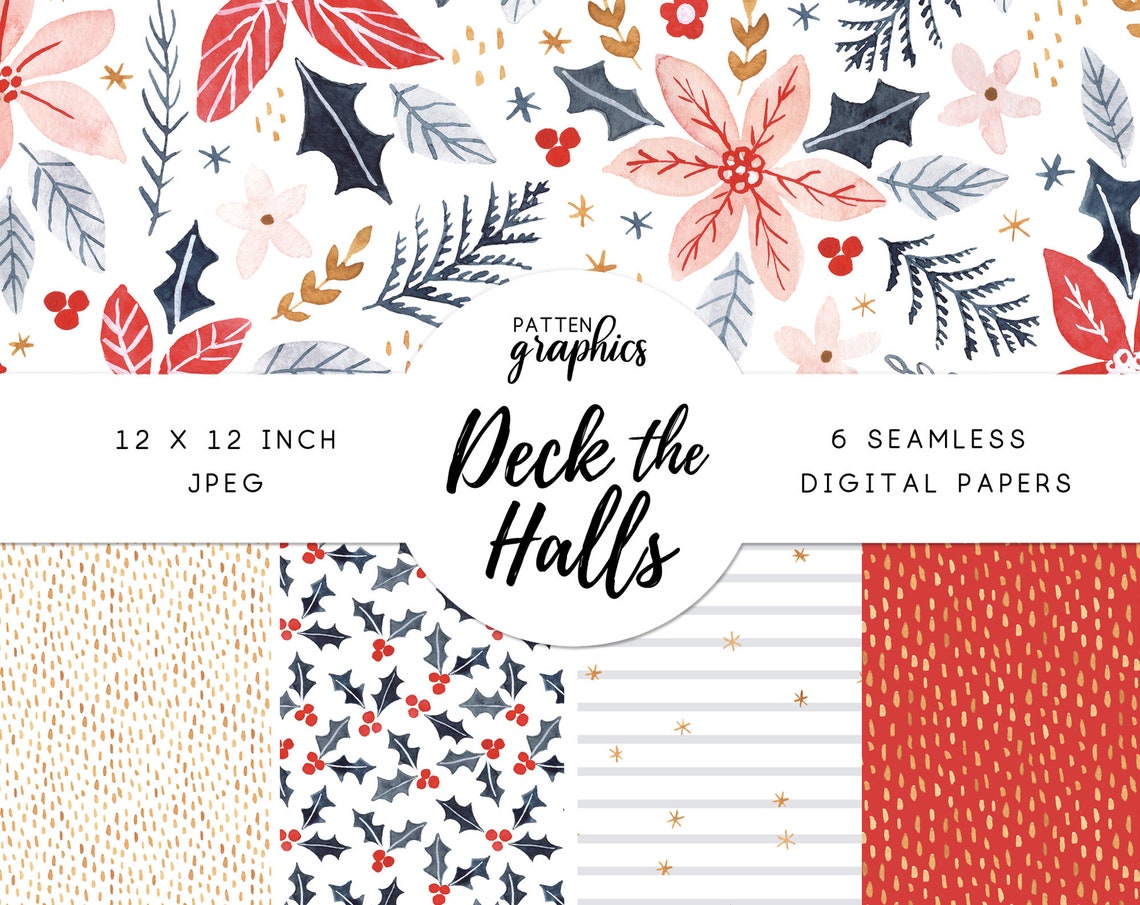 Christmas Floral Digital Paper, Watercolor Holiday Seamless Pattern ...