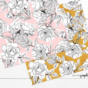 Rose Floral Digital Paper, Hand Drawn Delicate Seamless Pattern, Floral ...
