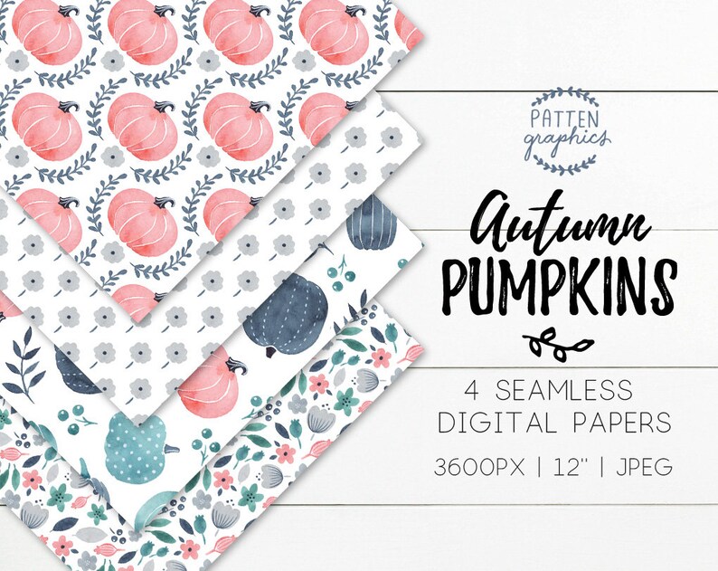 Pumpkin Digital Paper, Fall Digital Paper, Seamless Pattern, Watercolor ...