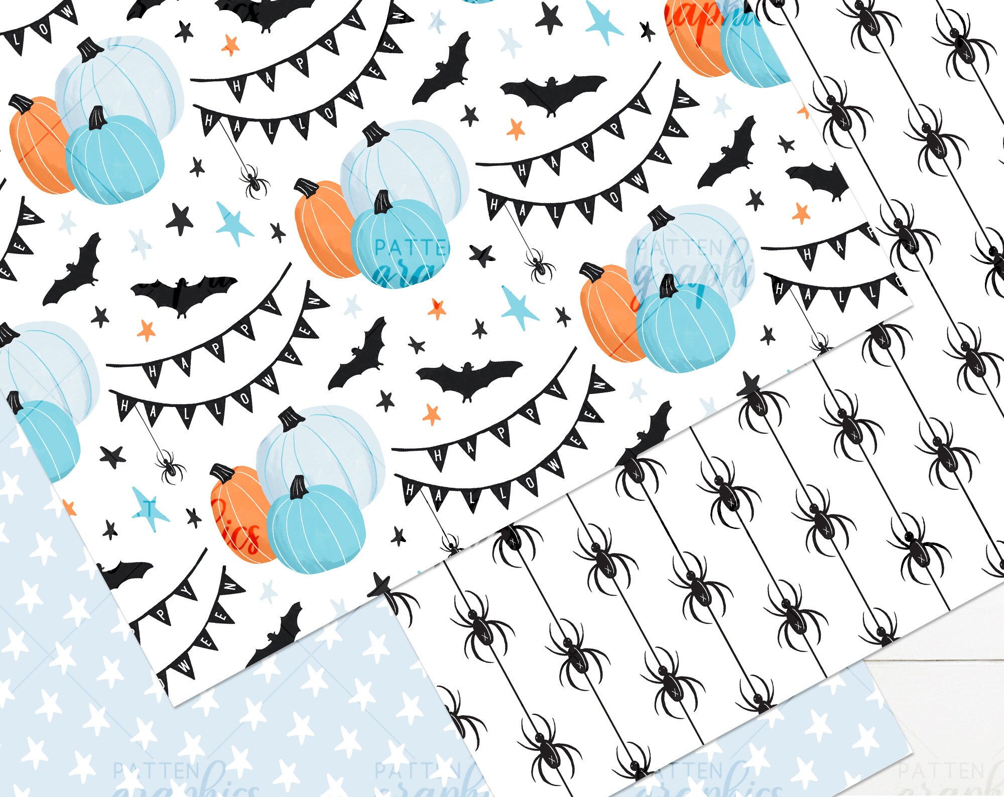 Cute Halloween Digital Paper, Blue Halloween Seamless Patterns, Hand ...