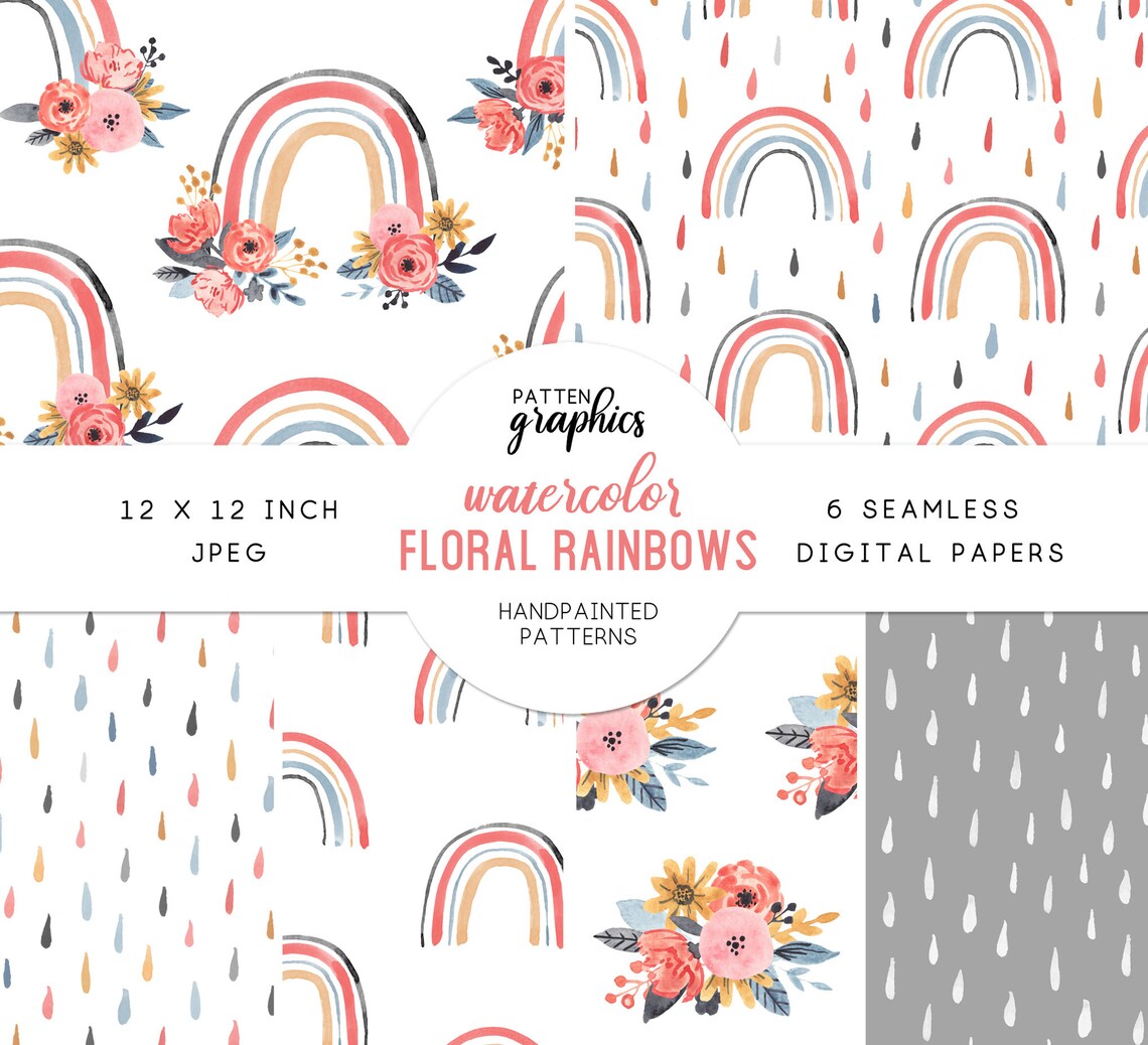 Watercolor Rainbow Digital Paper, Floral Rainbow Seamless Pattern ...