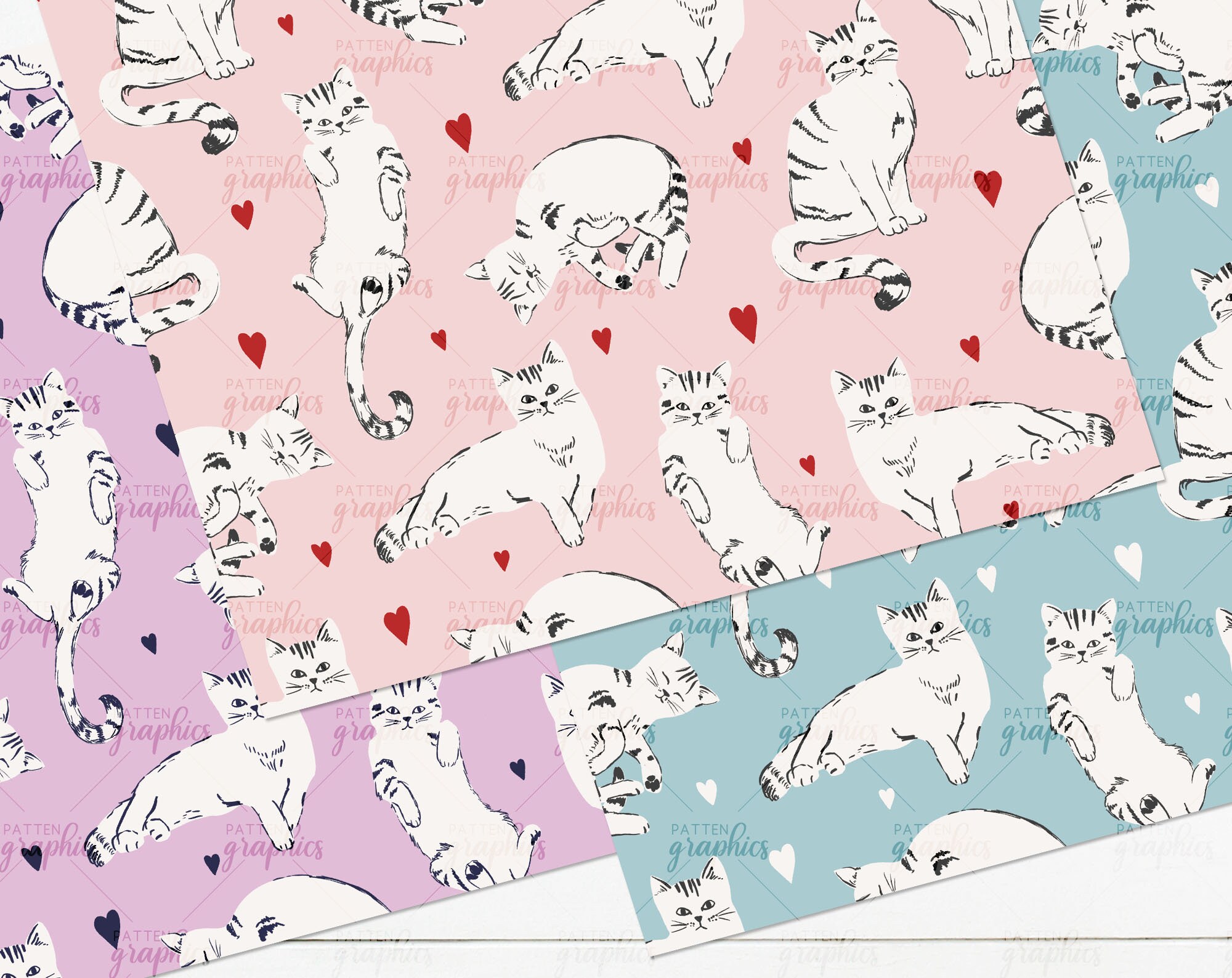 Pretty Cat Digital Paper, Pastel Kittens Seamless Pattern, Valentine ...