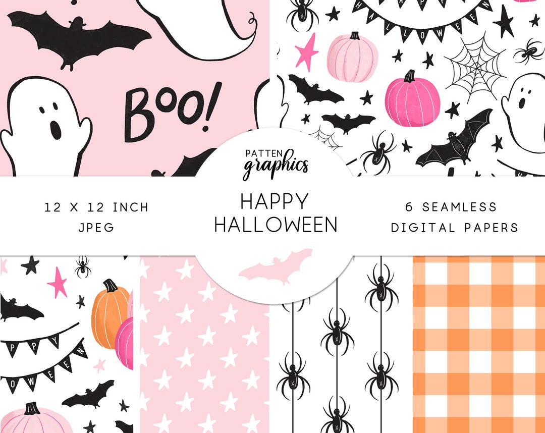 Cute Halloween Digital Paper, Pink Halloween Seamless Patterns, Hand ...