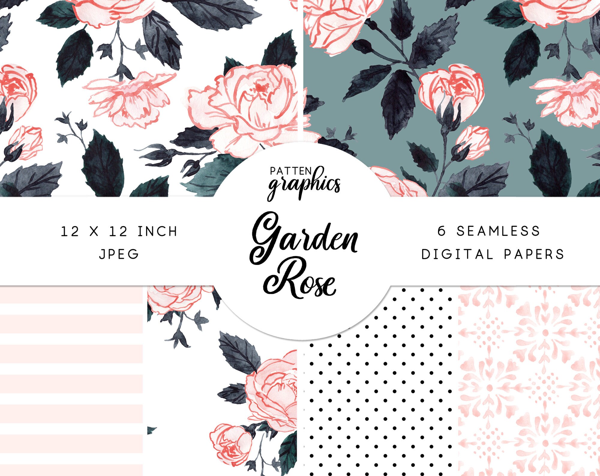Rose Floral Digital Paper Eleanor Hand Drawn Delicate Seamless Pattern ...