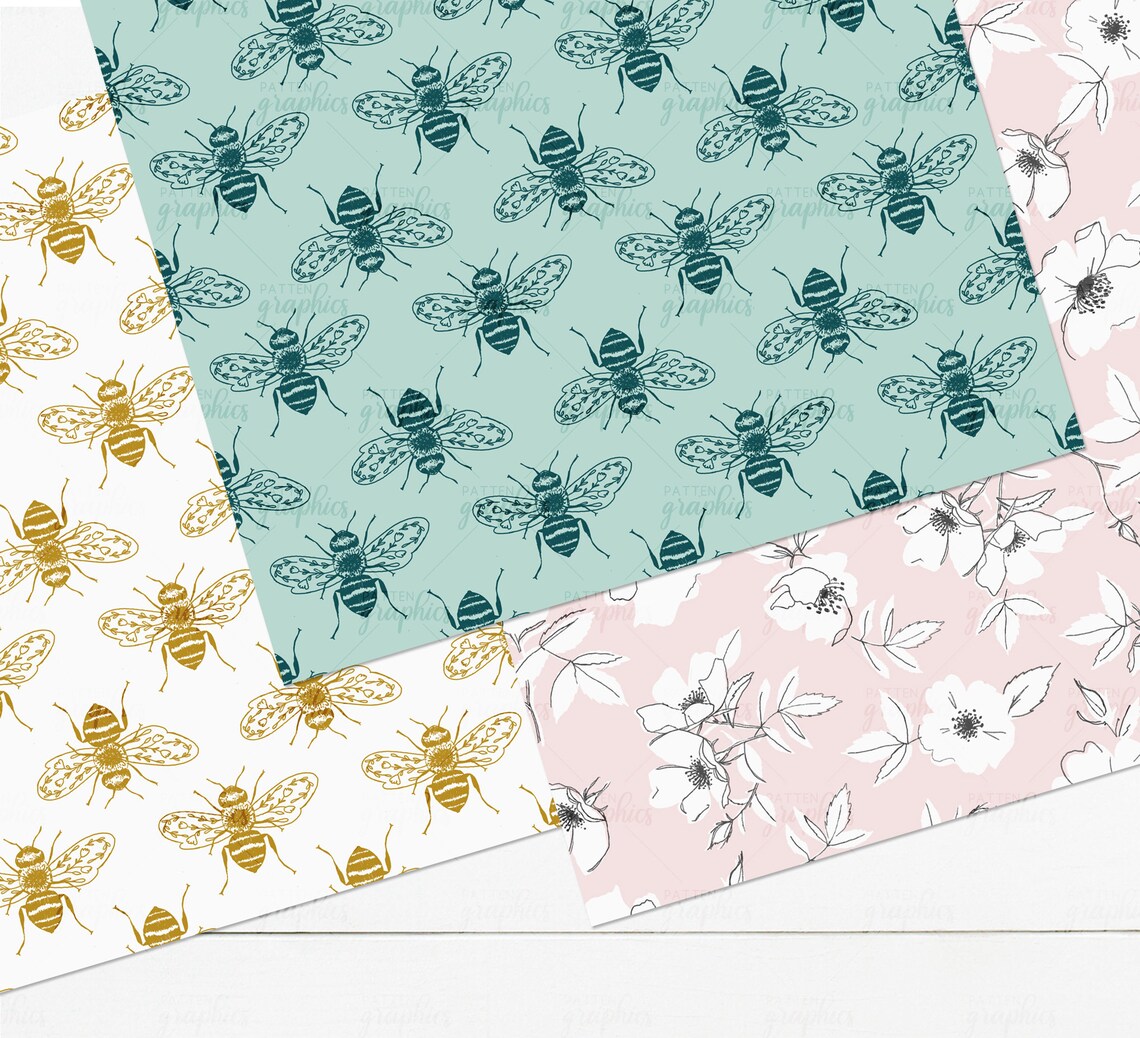 Bees Digital Paper Set, Honeybee Seamless Patterns, Bumblebee Summer ...