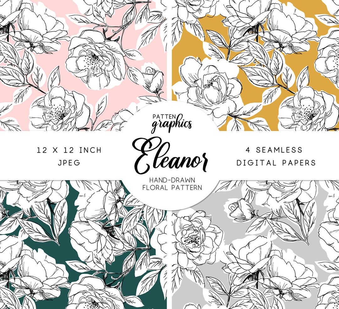 Rose Floral Digital Paper, Hand Drawn Delicate Seamless Pattern, Floral ...