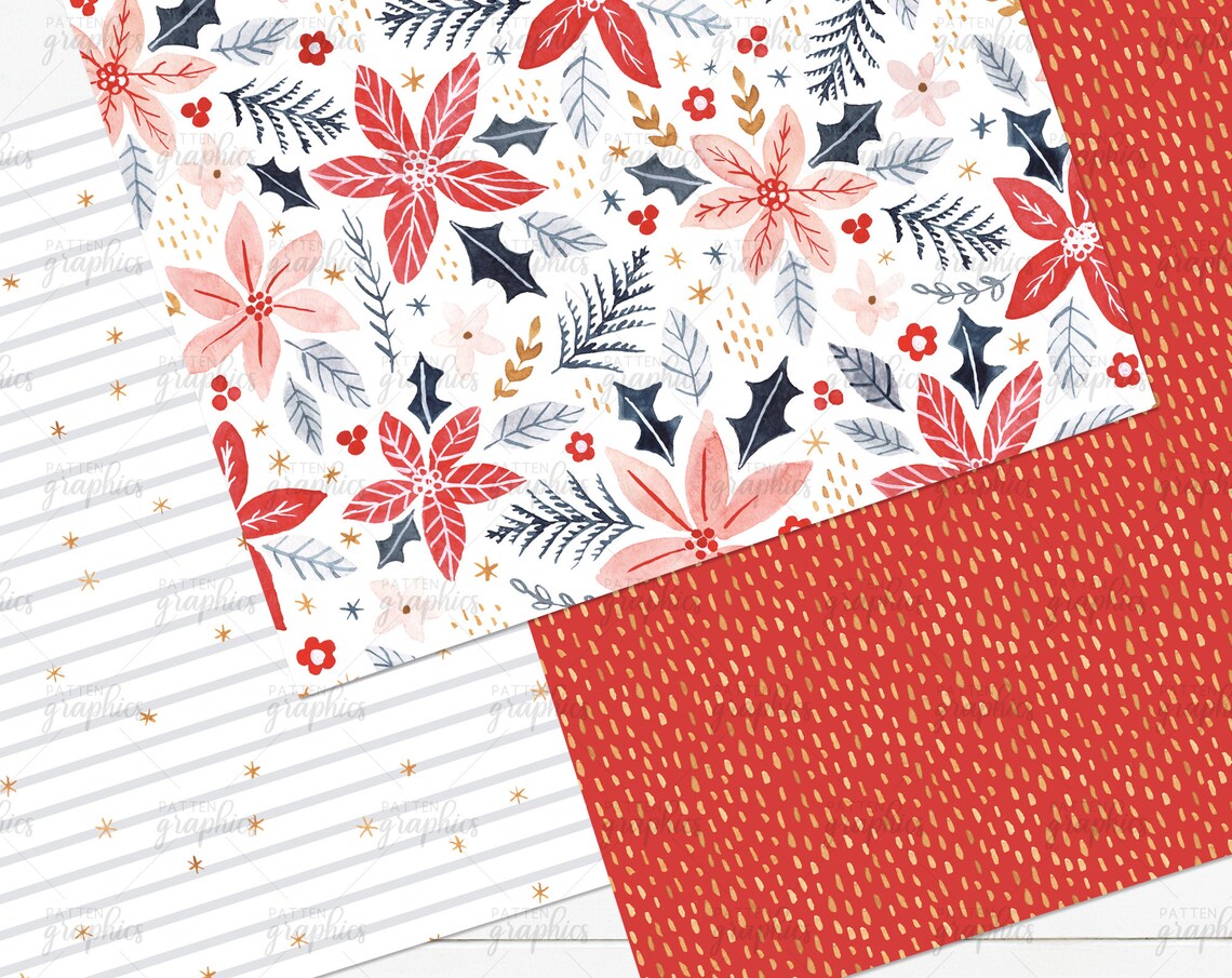 Christmas Floral Digital Paper, Watercolor Holiday Seamless Pattern ...