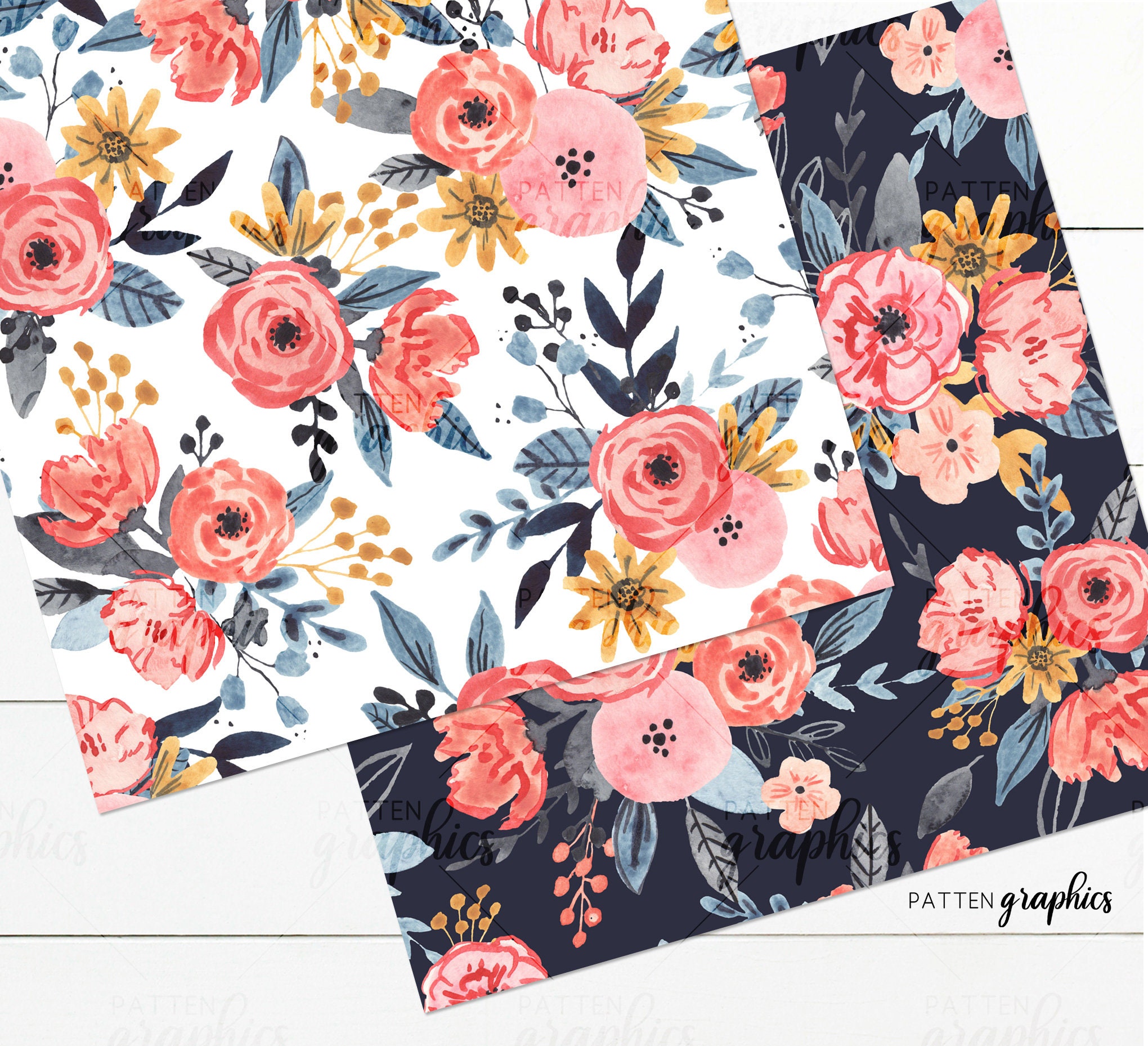 Watercolor Floral Digital Paper, Seamless Floral Pattern, Coral & Navy ...
