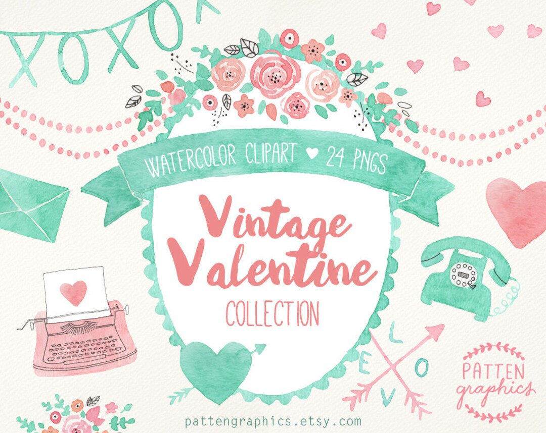 Watercolor Valentines Clipart Valentine Clipart Vintage - Etsy