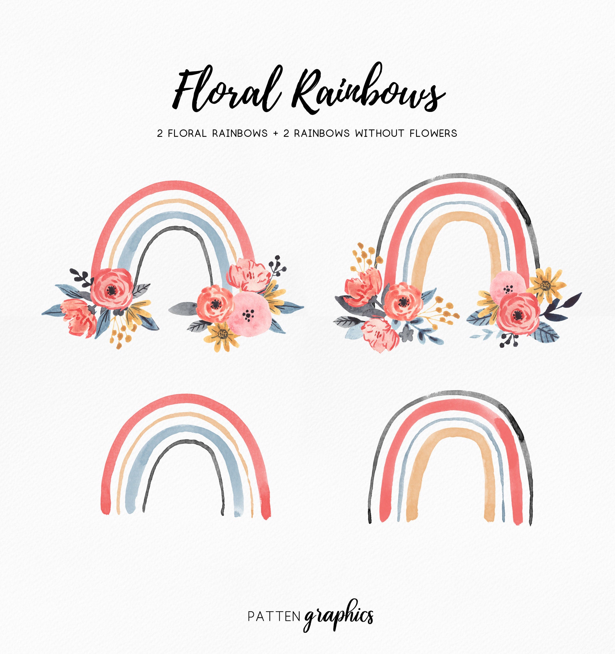 Watercolor Rainbow Clipart, Floral Watercolor Rainbows, Handpainted ...