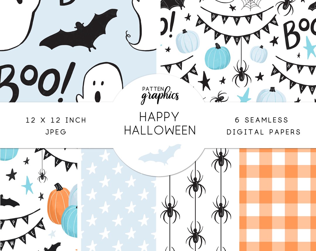 Cute Halloween Digital Paper, Blue Halloween Seamless Patterns, Hand ...