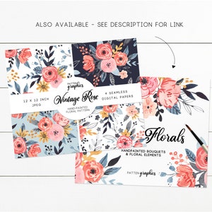 Watercolor Floral Digital Paper, Seamless Floral Pattern, Coral & Navy ...