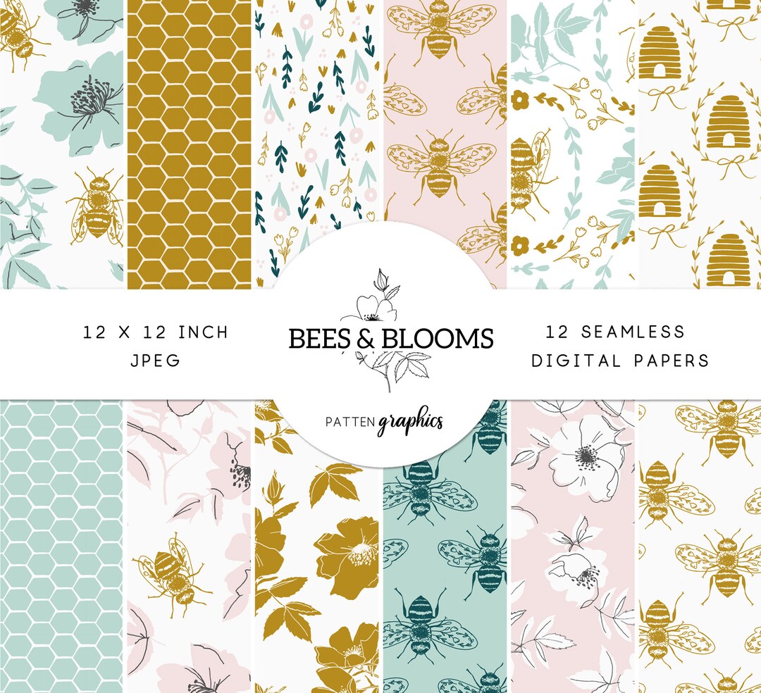 Bees Digital Paper Set, Honeybee Seamless Patterns, Bumblebee Summer ...