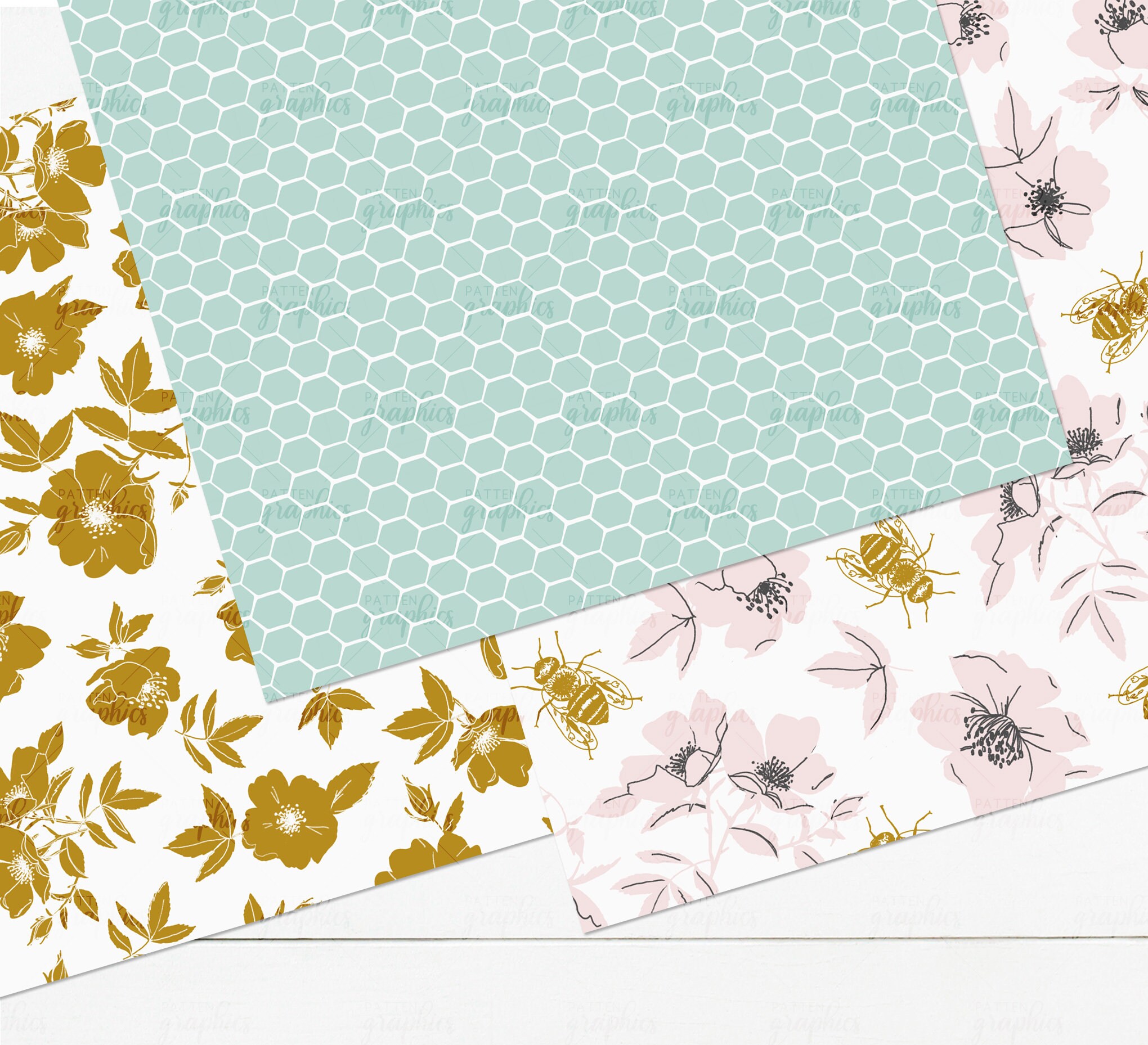 Bees Digital Paper Set, Honeybee Seamless Patterns, Bumblebee Summer ...