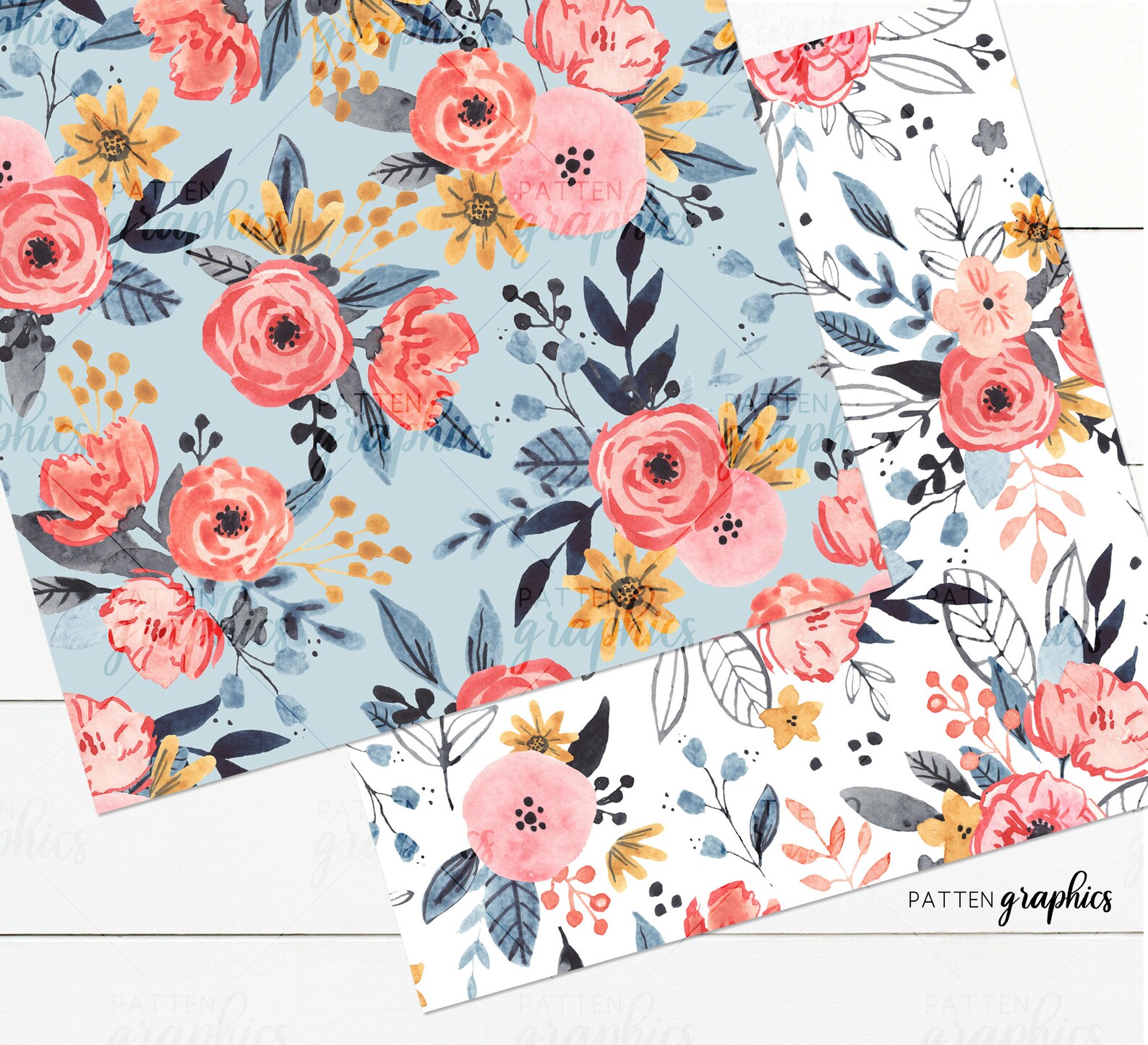 Watercolor Floral Digital Paper, Seamless Floral Pattern, Coral & Navy ...