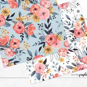 Watercolor Floral Digital Paper, Seamless Floral Pattern, Coral & Navy ...
