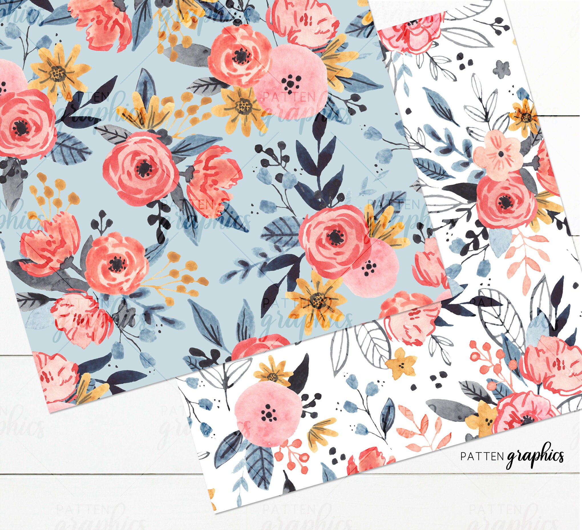Watercolor Floral Digital Paper, Seamless Floral Pattern, Coral & Navy ...