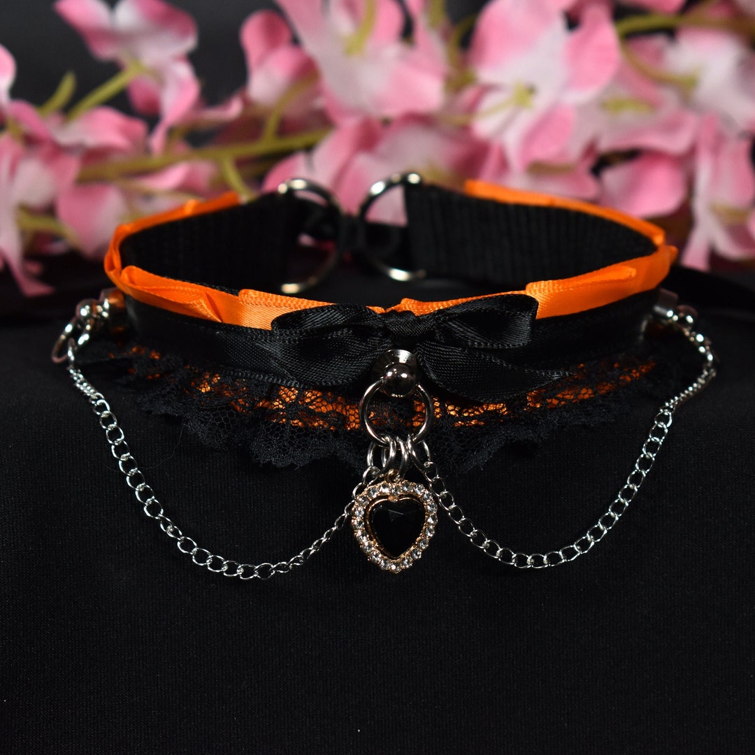 Made to Your Size / Orange Heart and Chain Choker / Kitten Play Collar ...