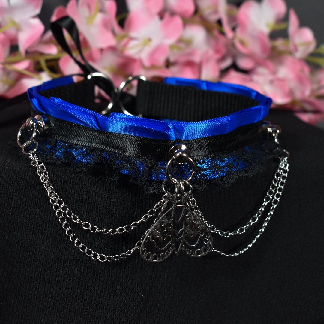 Made to Your Size / Blue Moth Choker / Kitten Play Collar / Goth / Alt ...