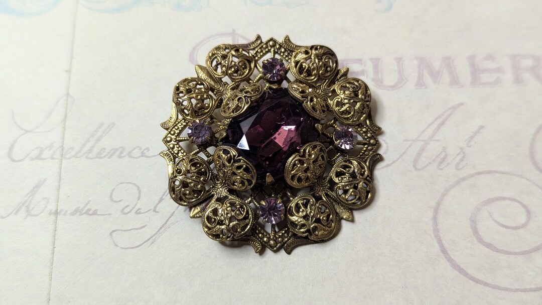 Large Vintage Brooch Amethys Stone (corundum) Gilding a Gift for Her ...
