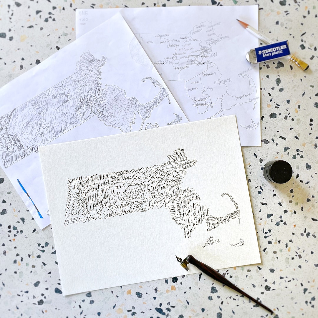 Massachusetts Towns Calligraphy Art Handwritten Massachusetts MA Art ...