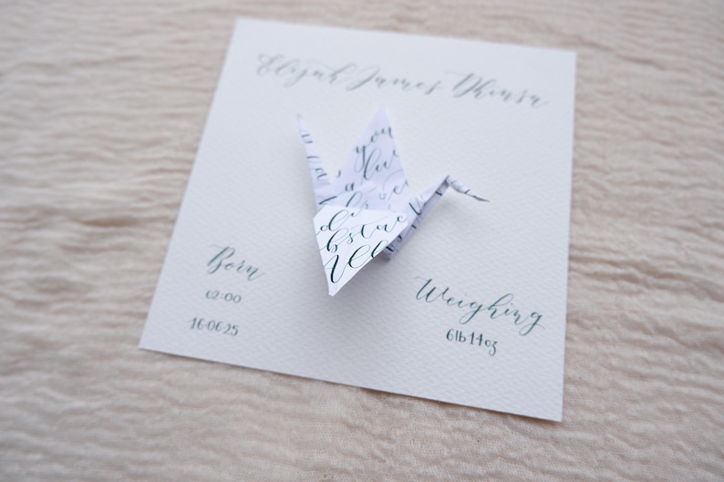 Personalised Calligraphy Paper Crane | New Baby Poem Keepsake ...